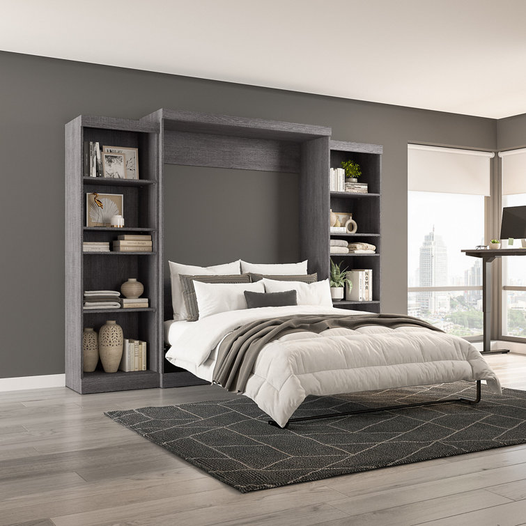 Wade Logan Arlex Murphy Bed and 2 Shelving Units 115 inch Space Saving Wall Bed with Storage Reviews Wayfair